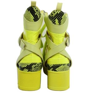 Shoes | Neon Yellow Lace Up Lug Platform Block Heel Boot | Poshmark